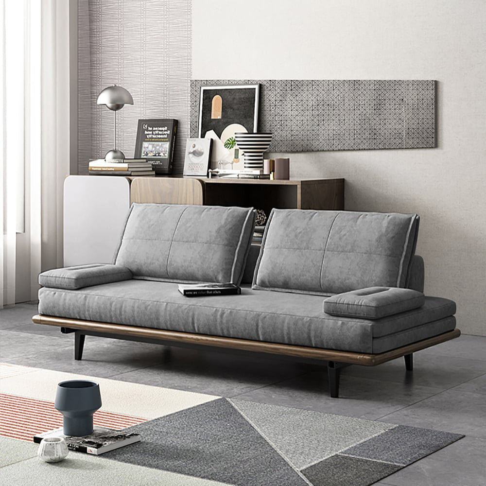 Corrigan Studio Mid Century Modern Pull Out Sofa Bed Grey Wood Convertible Sleeper Sofa Cotton Linen Wayfair